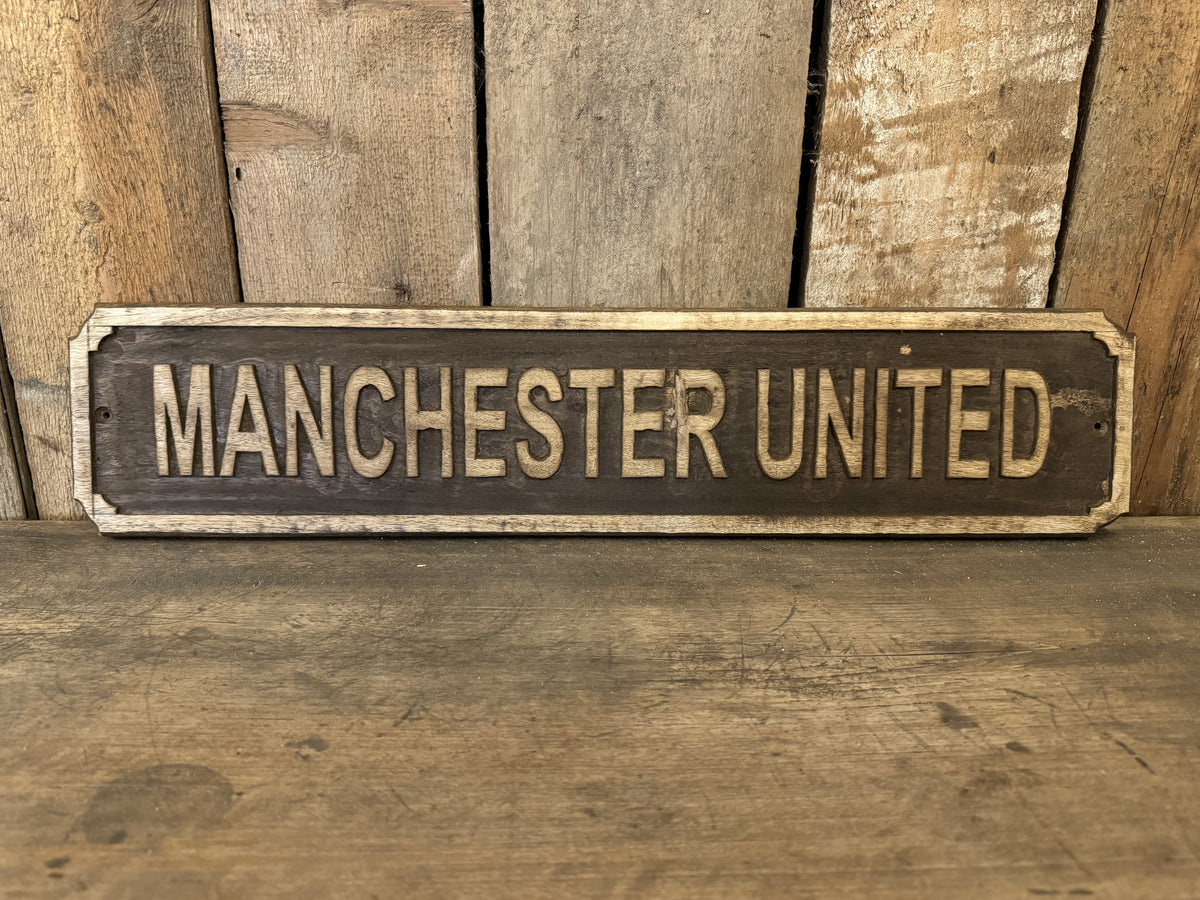 Carved Wooden Manchester United Sign – Burgess Reclamation