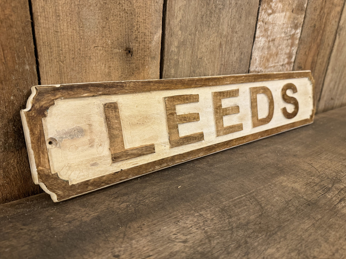 Carved Wooden Leeds Sign – Burgess Reclamation